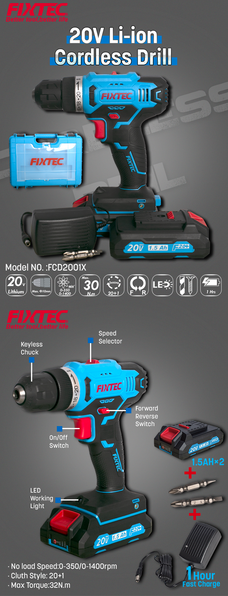 Perceuse-visseuse sans fil FIXTEC 20 V