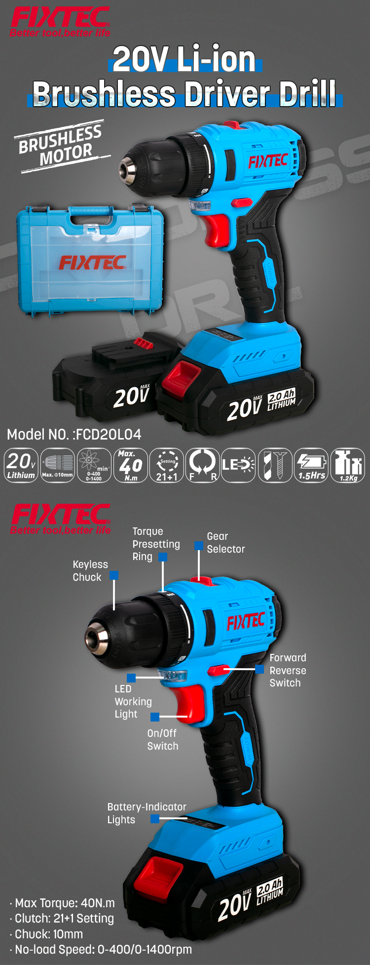 Perceuse-visseuse sans balais FIXTEC 20 V